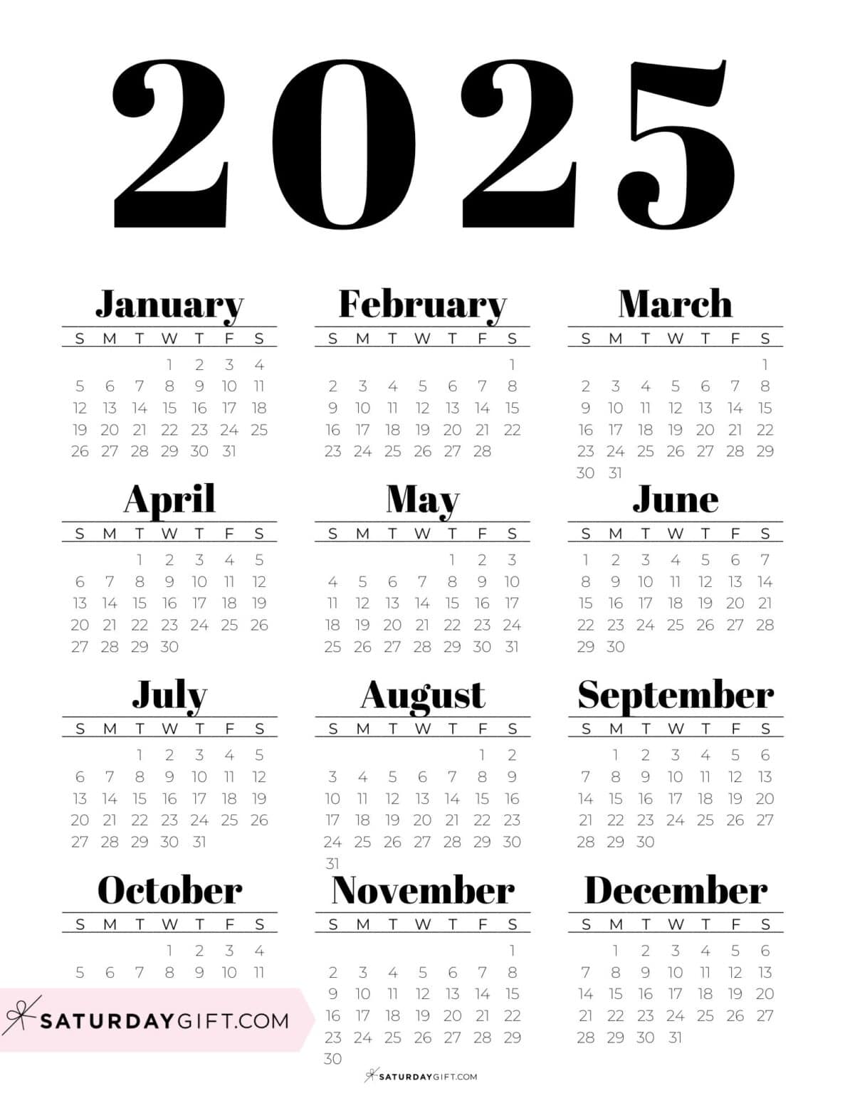 2025 year at a glance Calendars - 37 Cute and Free PDFs
