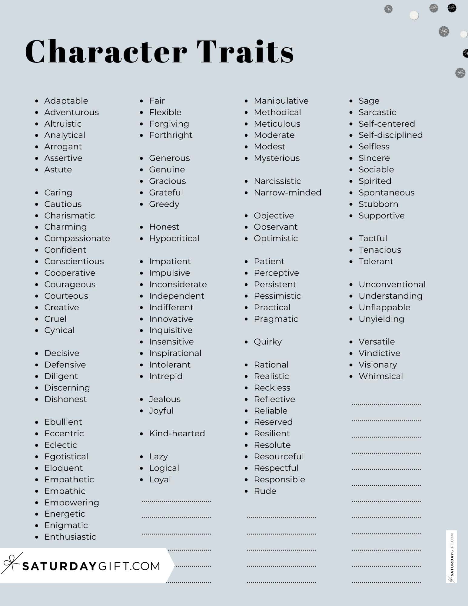 Character Traits List - 115+ Examples of Character Traits | SaturdayGift