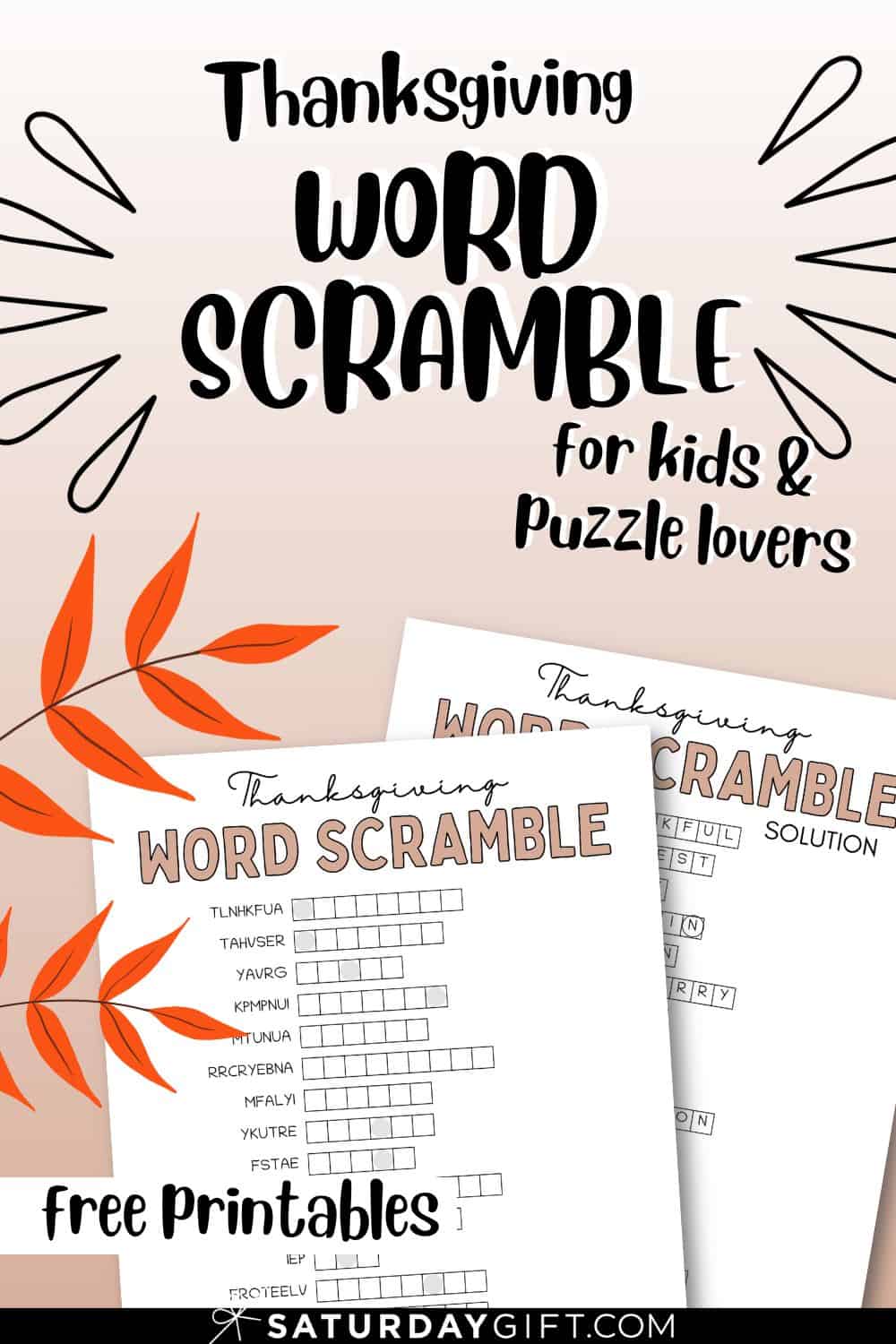 Thanksgiving Word Scramble - Cute & Free Printable | SaturdayGift