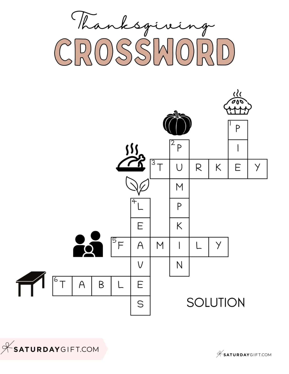 Thanksgiving Crossword Puzzle - Cute & Free Printable | SaturdayGift