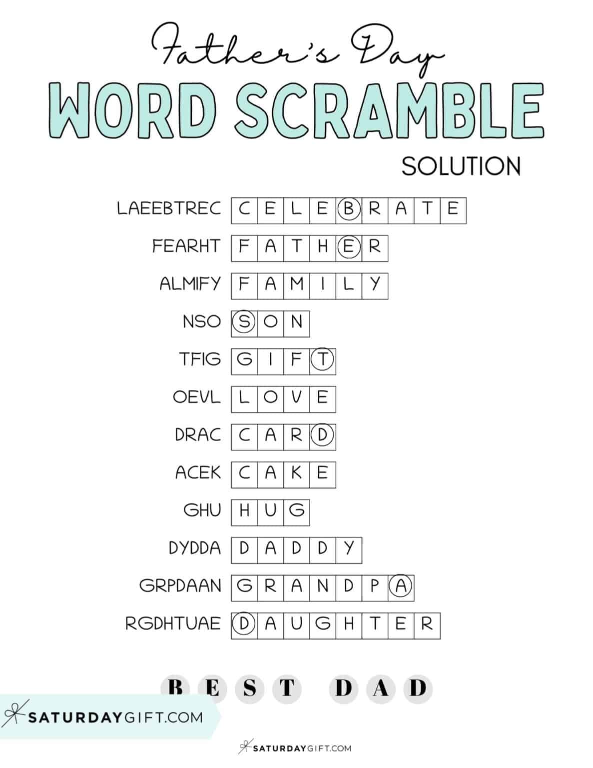 Father's Day Word Scramble - Cute & Free Printable | SaturdayGift