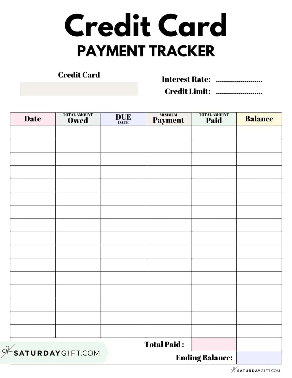 Free Printable Credit Card Payment Tracker