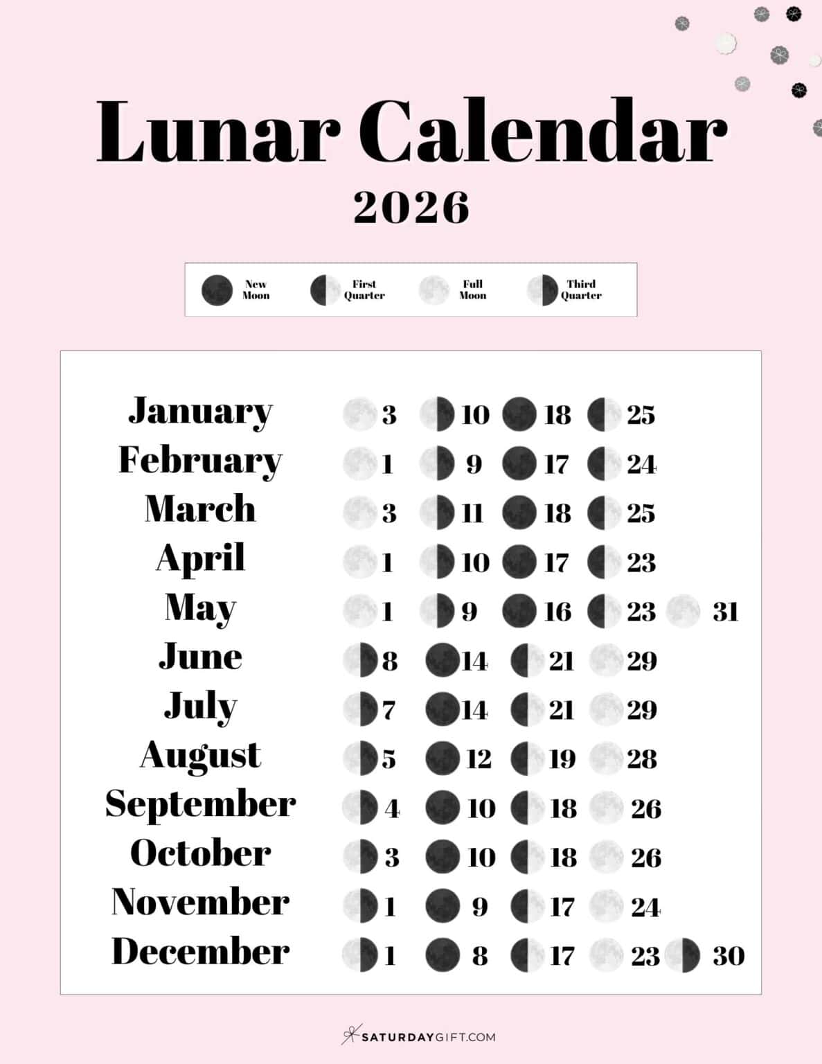 Lunar Calendar 2026 - 12 Moon Phase Calendar Printables