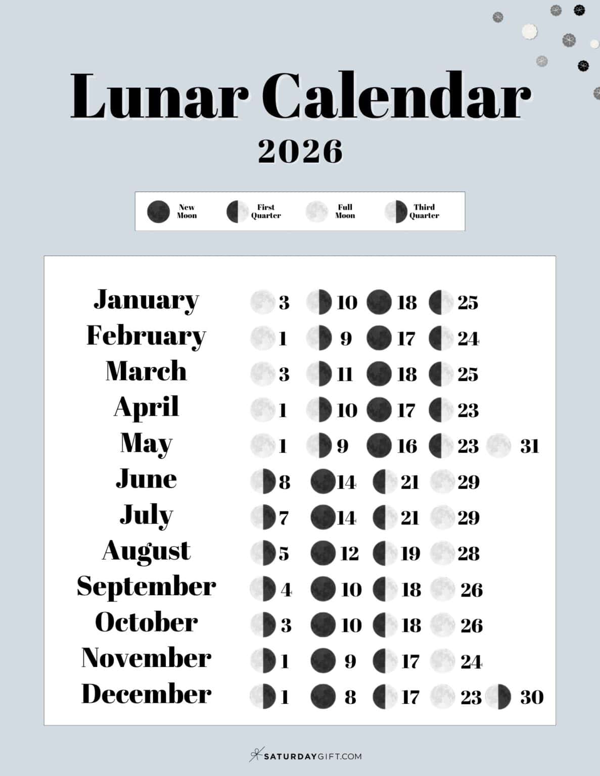 Lunar Calendar 2026 - 12 Moon Phase Calendar Printables