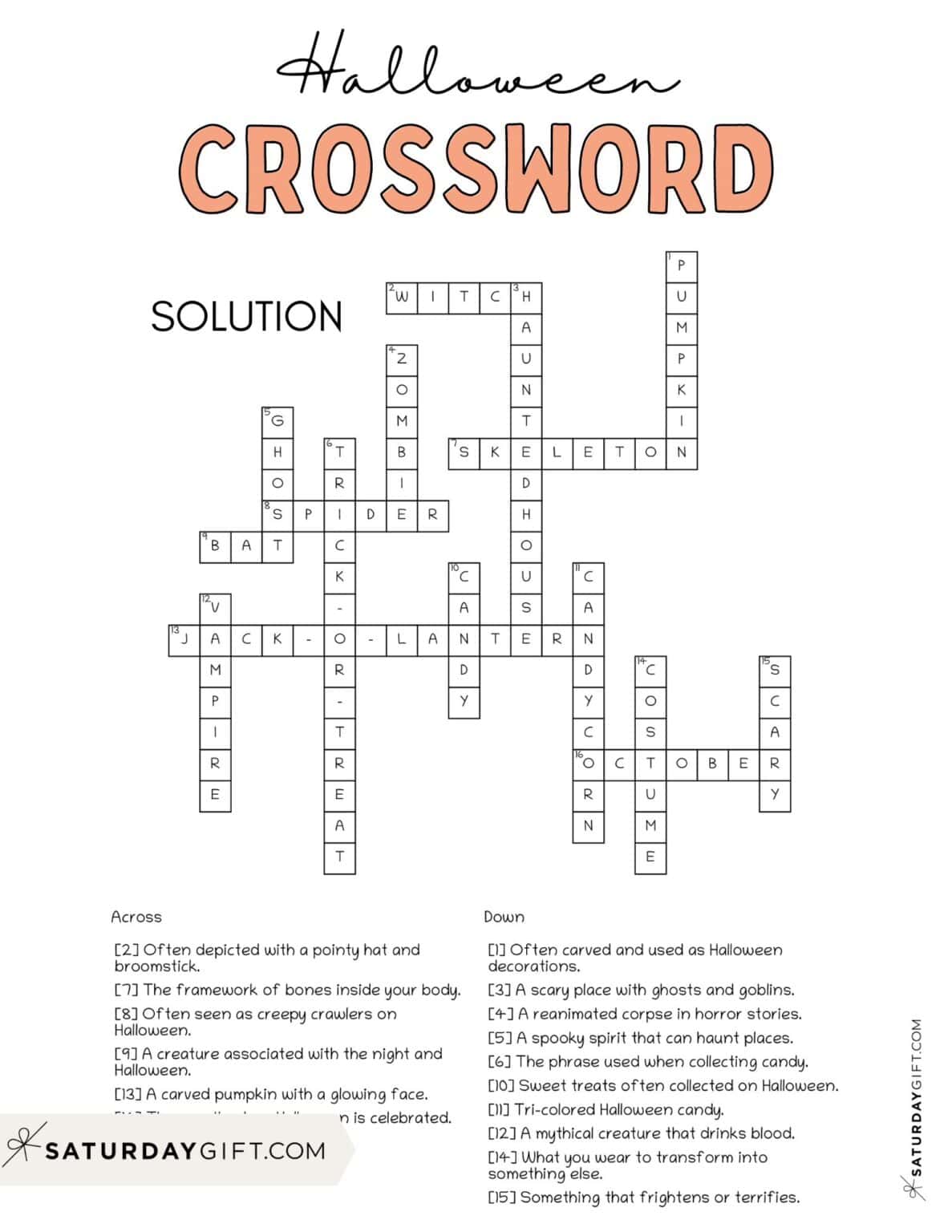 Halloween Crossword Puzzle - Cute & Free Printable | SaturdayGift