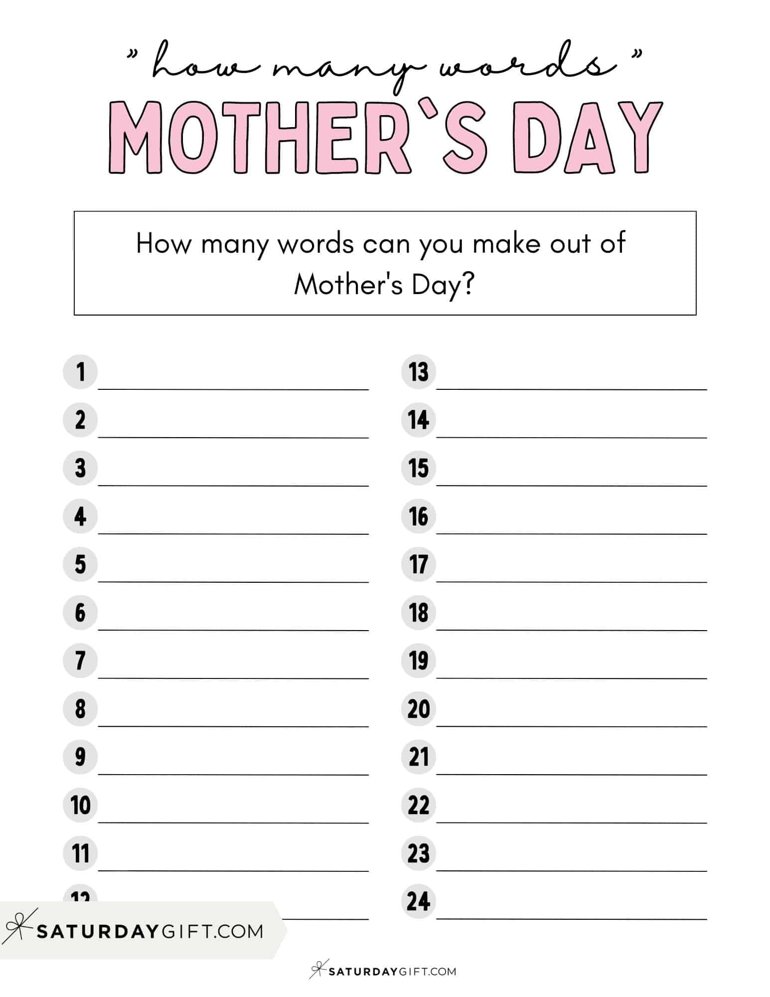 How Many Words Can You Make From Mother's Day - Worksheet