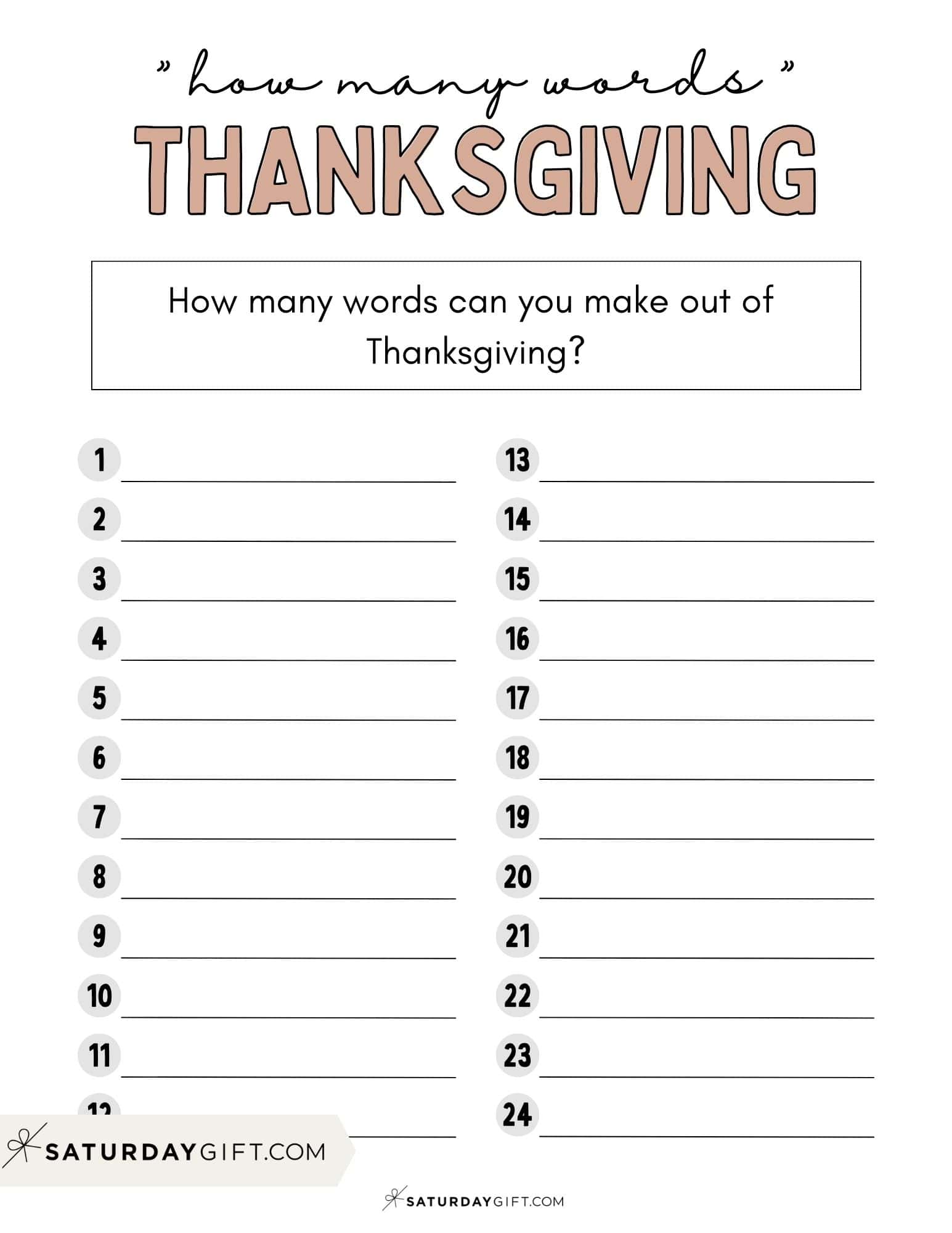 How Many Words Can You Make From Thanksgiving - Worksheet