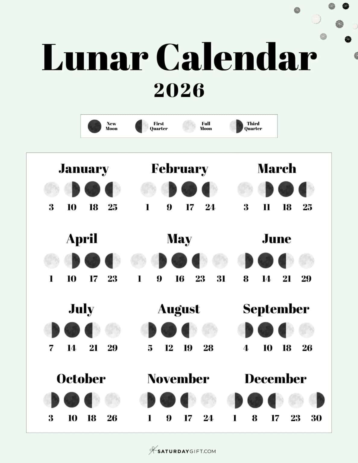 Lunar Calendar 2026 - 12 Moon Phase Calendar Printables