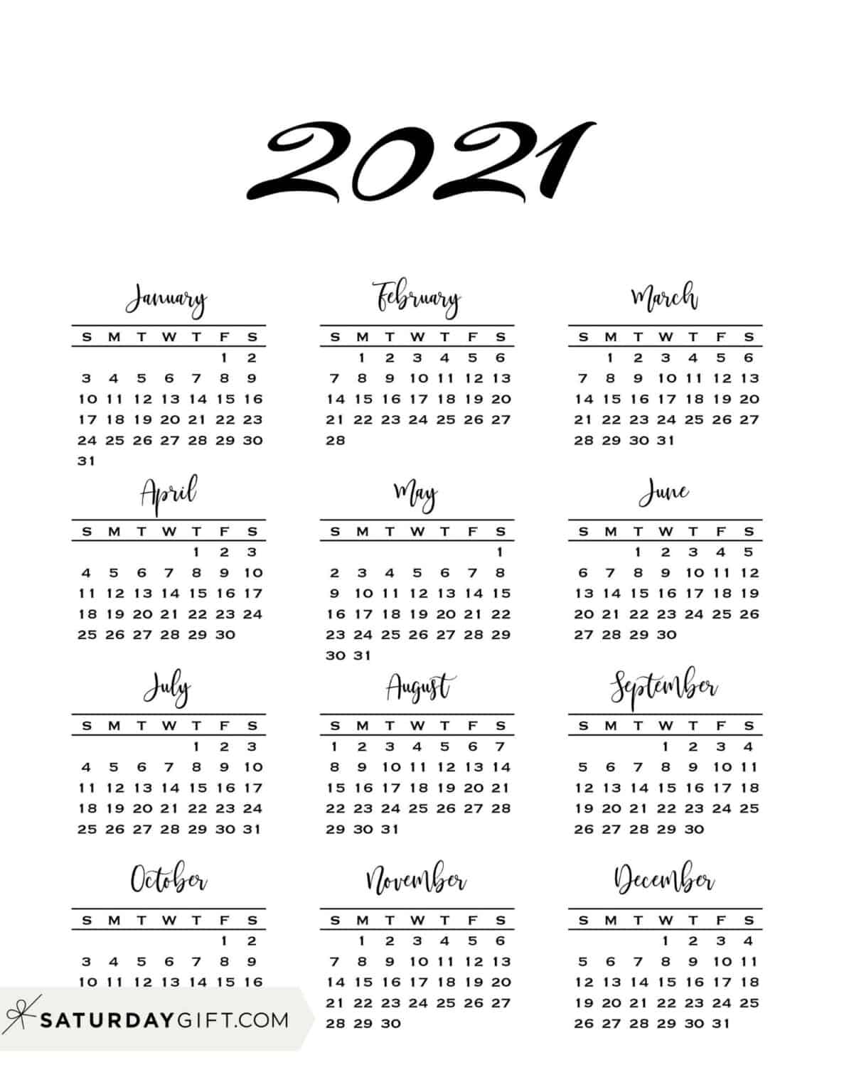 2021 Calendar Printable - Cute & Free 2021 Yearly Calendar Templates
