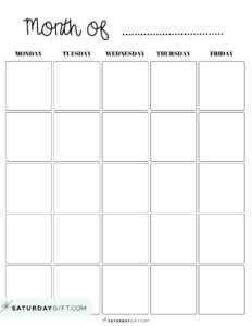 Blank Calendar templates - 29 Cute & Free Printables | SaturdayGift