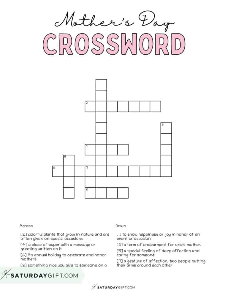 Mother's Day Crossword Puzzle - Cute & Free Printable | SaturdayGift