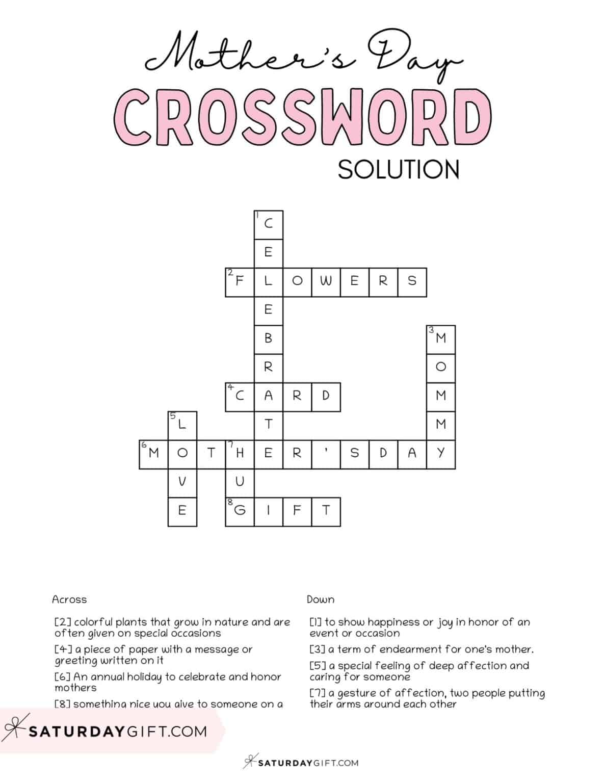 Mother's Day Crossword Puzzle - Cute & Free Printable | SaturdayGift