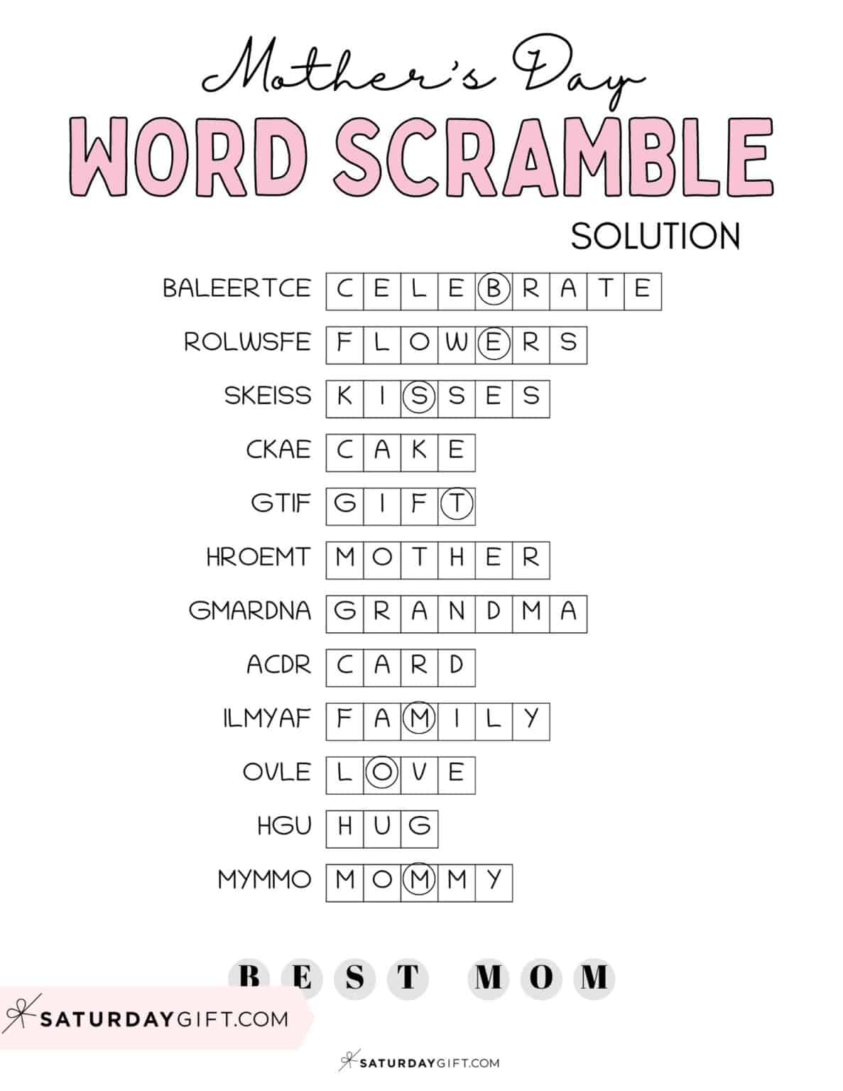 Mother's Day Word Scramble - Cute & Free Printable | SaturdayGift