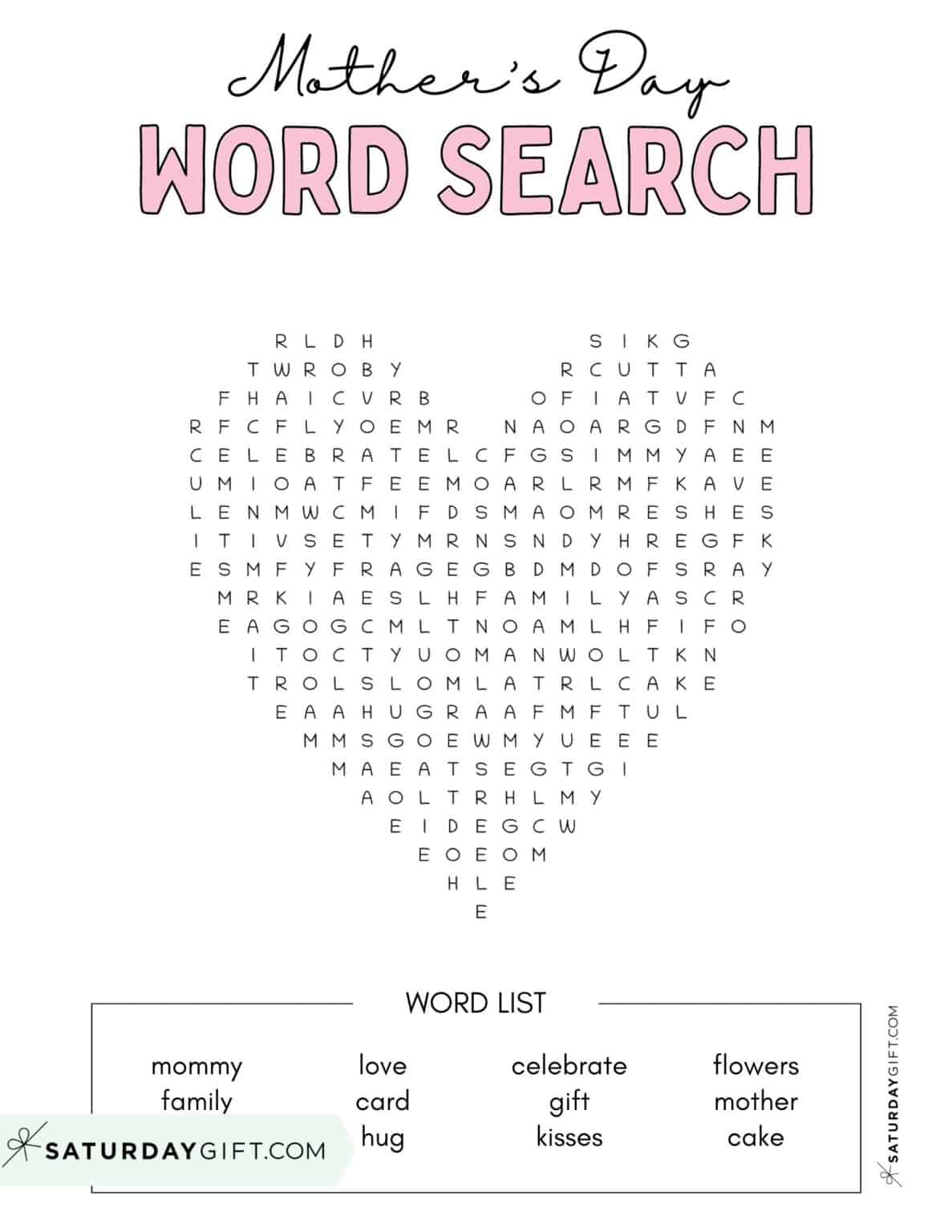 Mother's Day Word Search - Cute & Free Printables | SaturdayGift