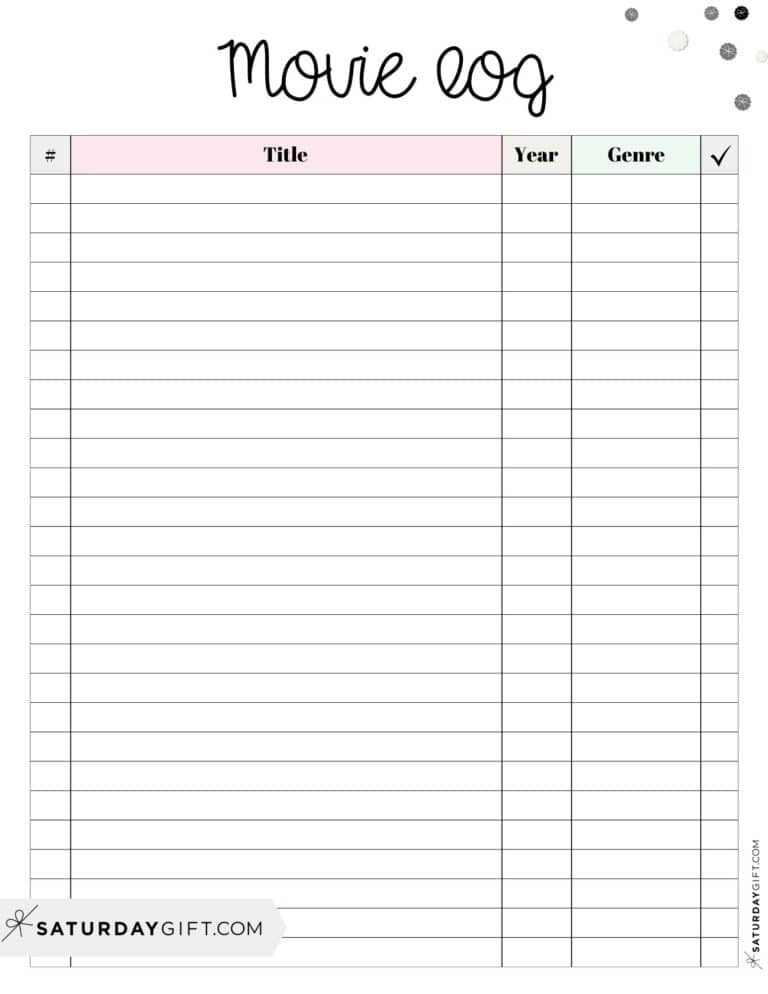 Movie Tracker Templates — 25 Cute Free Printables | SaturdayGift