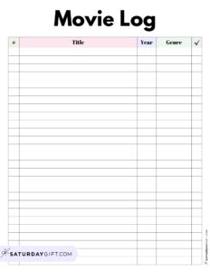 Movie Tracker Templates — 25 Cute Free Printables | SaturdayGift