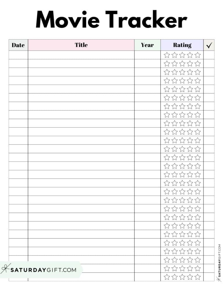 Movie Tracker Templates — 25 Cute Free Printables | SaturdayGift