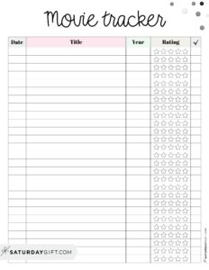Movie Tracker Templates — 25 Cute Free Printables | SaturdayGift