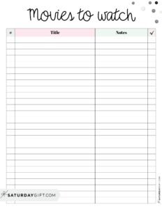 Movie Tracker Templates — 25 Cute Free Printables | SaturdayGift