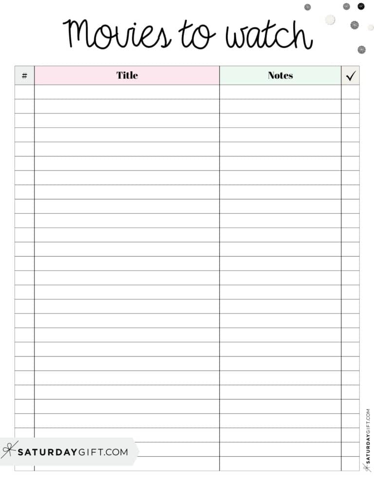 Movie Tracker Templates — 25 Cute Free Printables | SaturdayGift