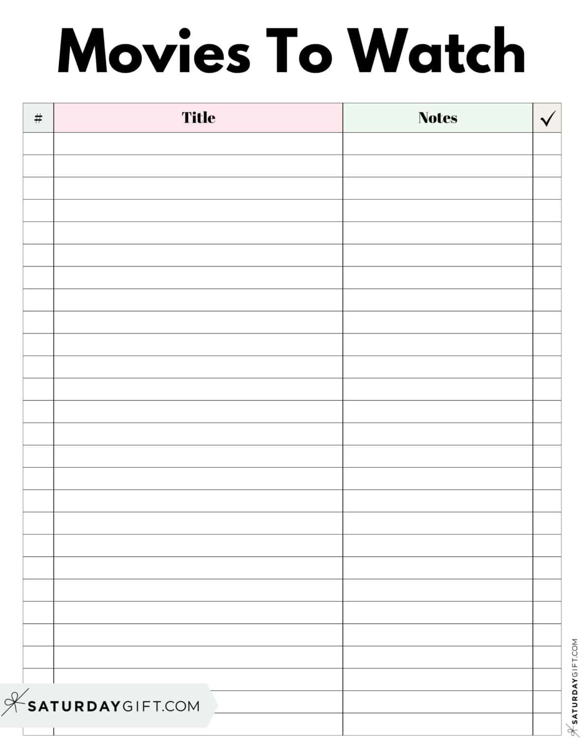 Movie Tracker Templates — 25 Cute Free Printables | SaturdayGift