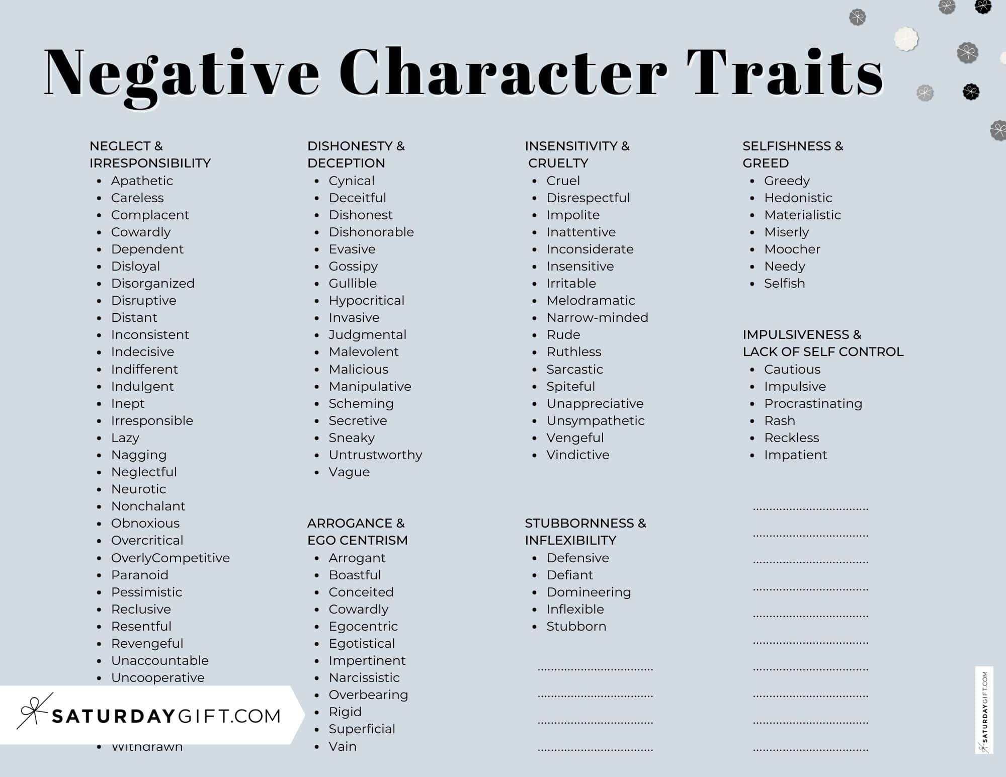 Negative Character Traits List - 98 Negative Qualities & Examples ...