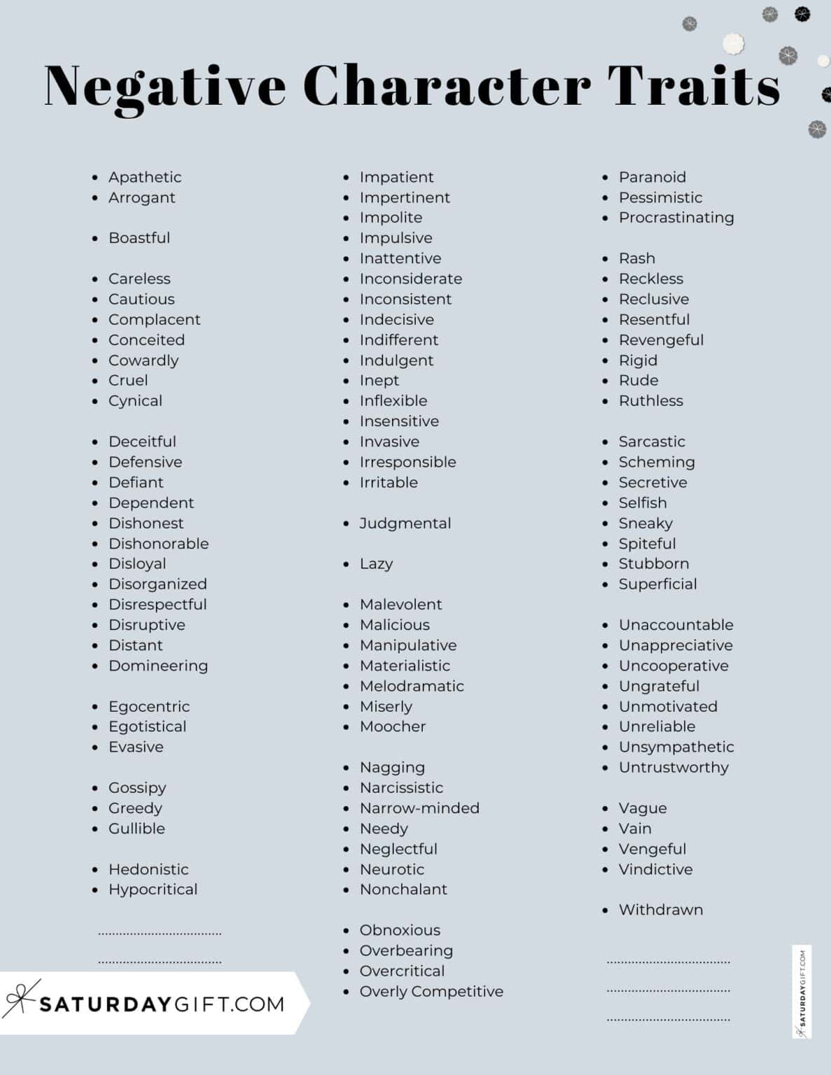 Negative Character Traits List - 98 Negative Qualities & Examples ...