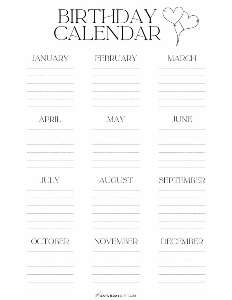 Birthday Calendar Templates - 26 Cute & Free Printables | SaturdayGift