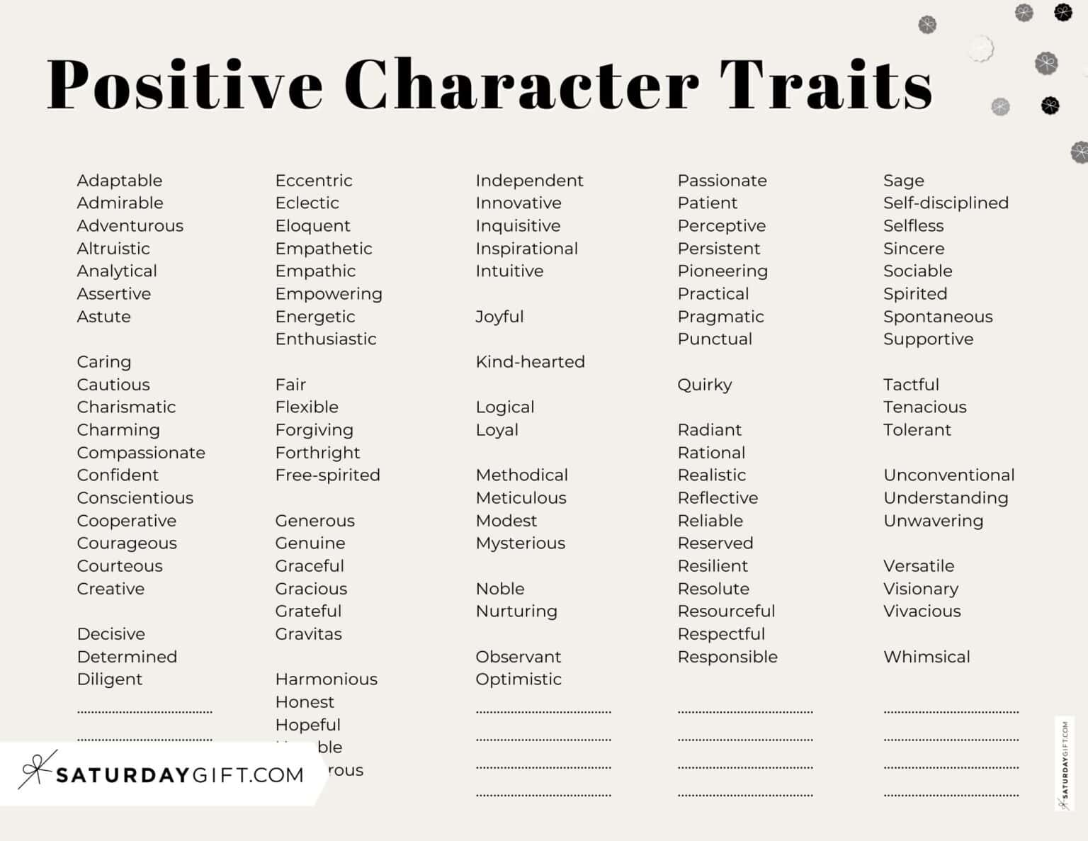 Positive Character Traits List - 100 Good Qualities & Examples | SaturdayGift