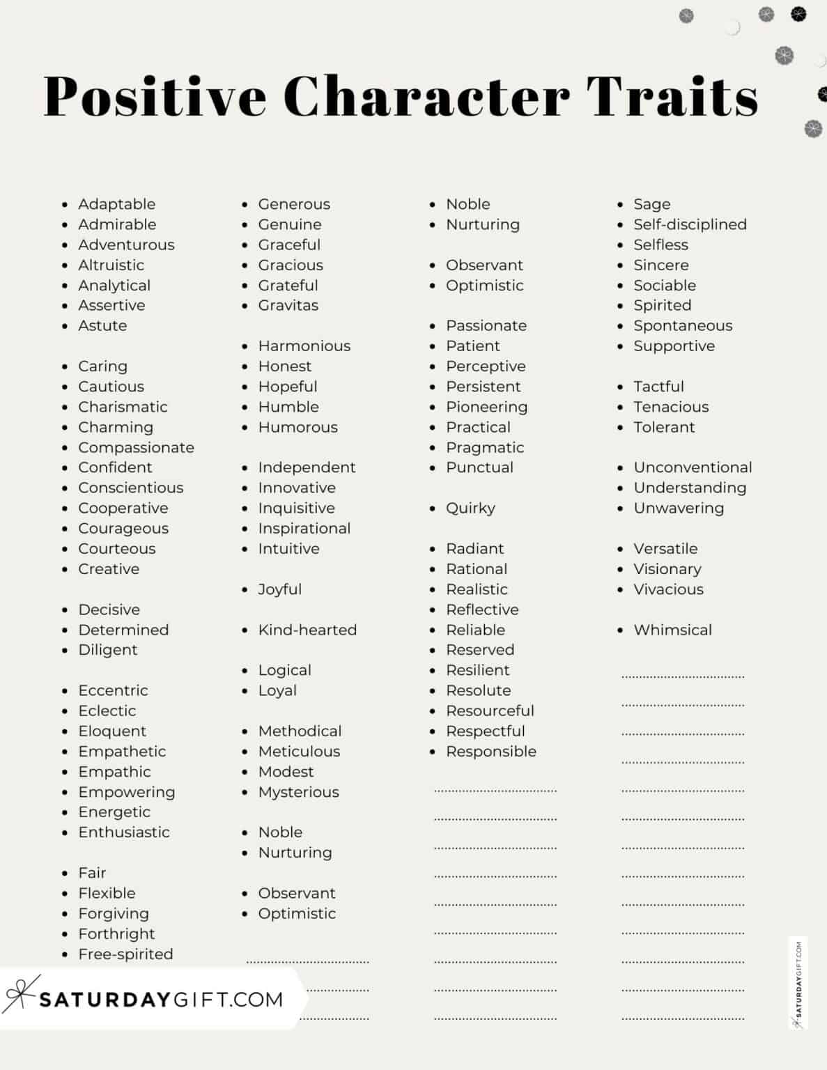 Positive Character Traits List - 100 Good Qualities & Examples | SaturdayGift
