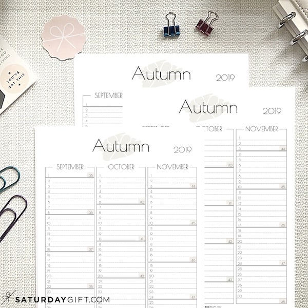 Autumn Planner Sheet For September, October & November 2019