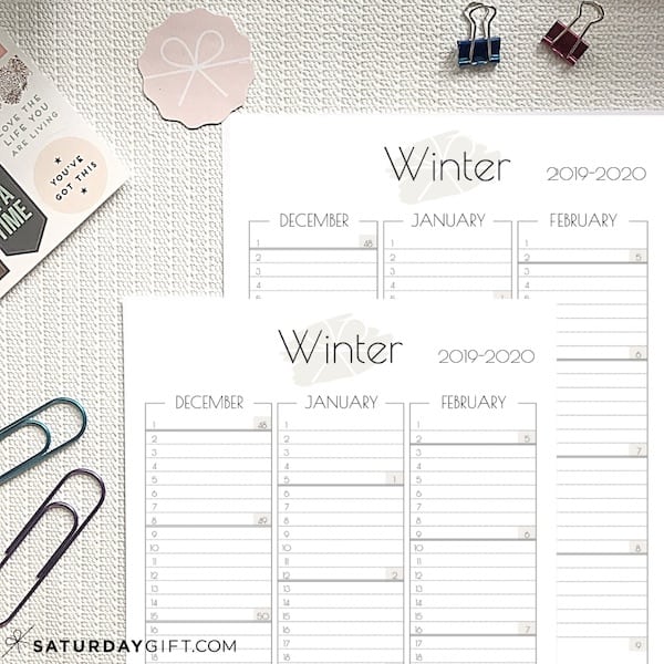 Winter Planner Sheet For December, January & February 2019 - 2020