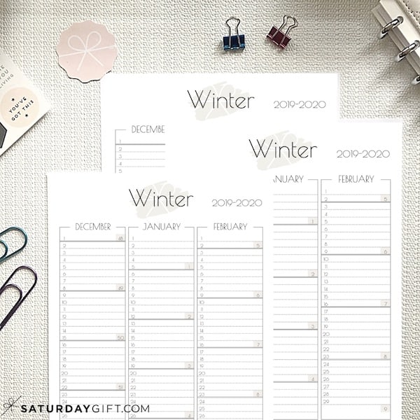 Winter Planner Sheet For December, January & February 2019 - 2020