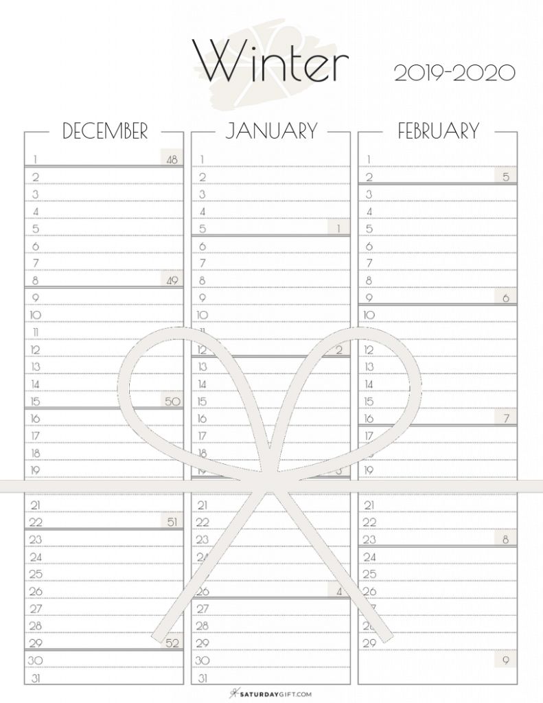 Winter Planner Sheet For December, January & February 2019 - 2020