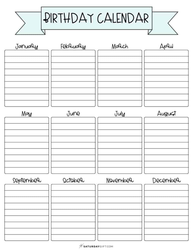 26 Cute & Free Printable Birthday Calendar Templates | SaturdayGift