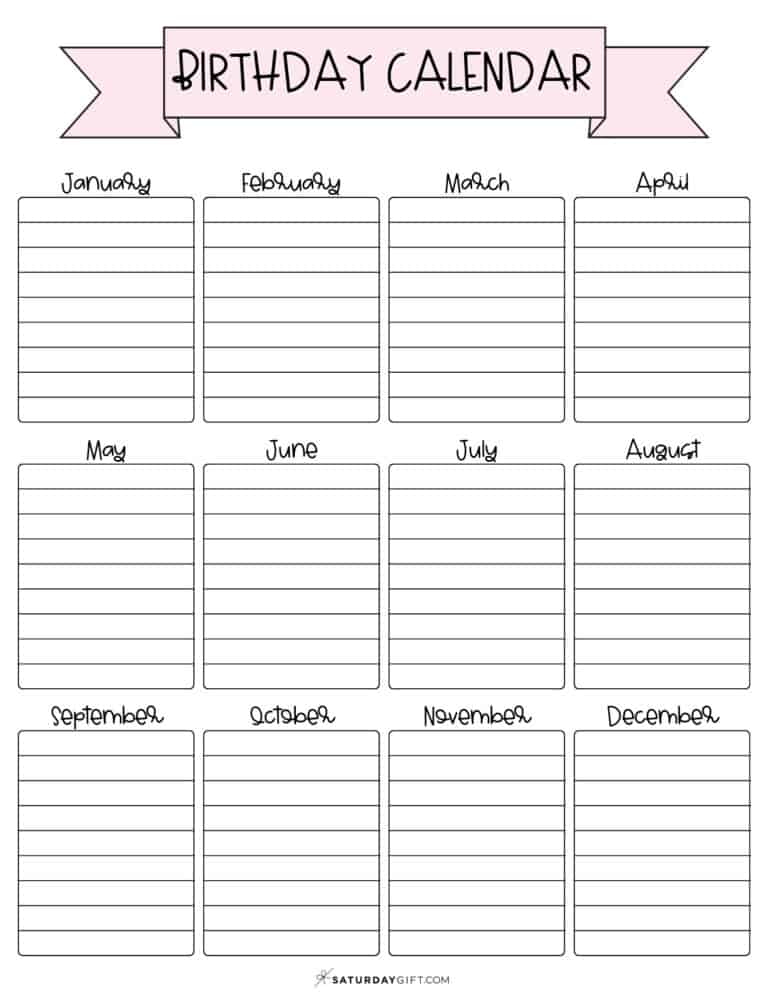 26 Cute & Free Printable Birthday Calendar Templates | SaturdayGift