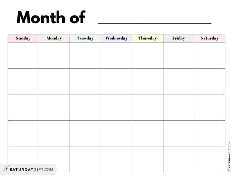 Blank Calendar templates - 29 Cute & Free Printables | SaturdayGift