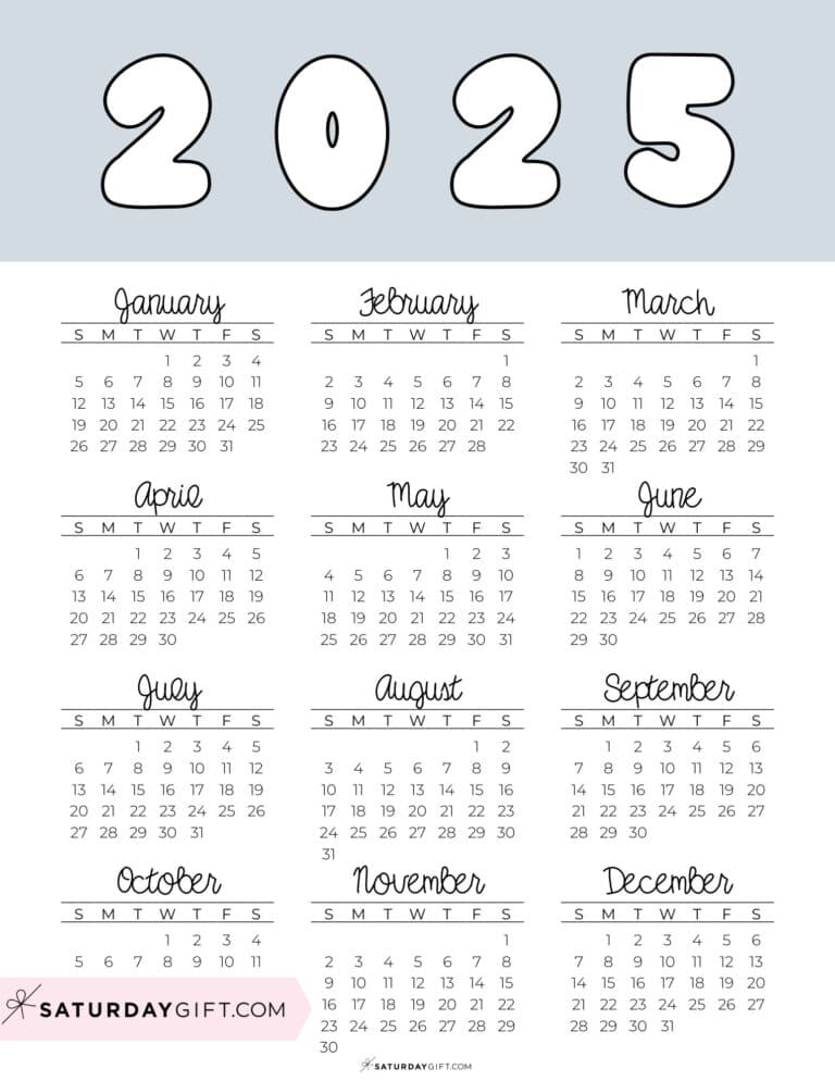 2025 year at a glance Calendars - 37 Cute and Free PDFs