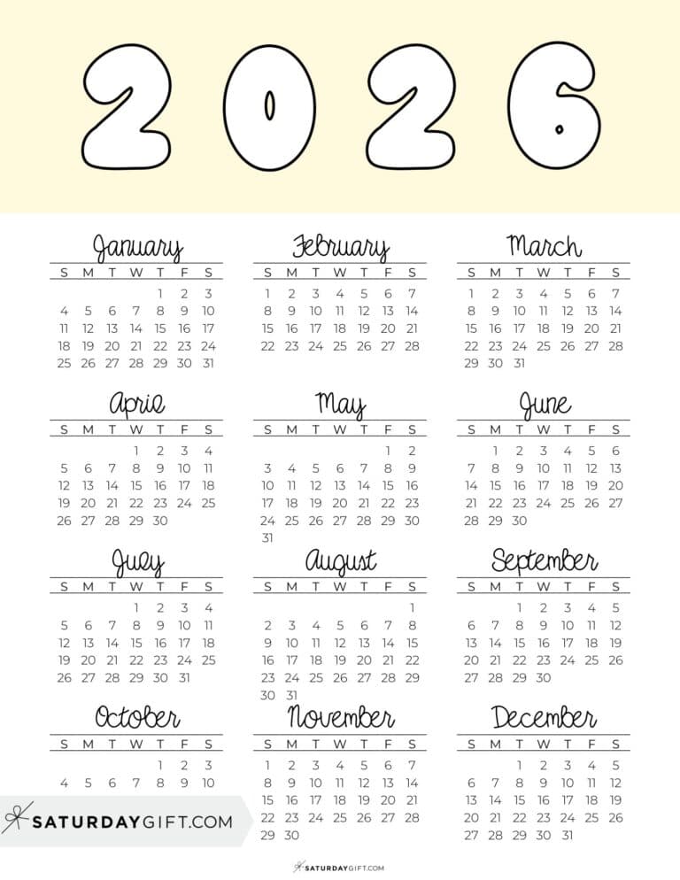 2026 Yearly Calendar Printable - 35 Cute & Free 2026 Annual Calendars
