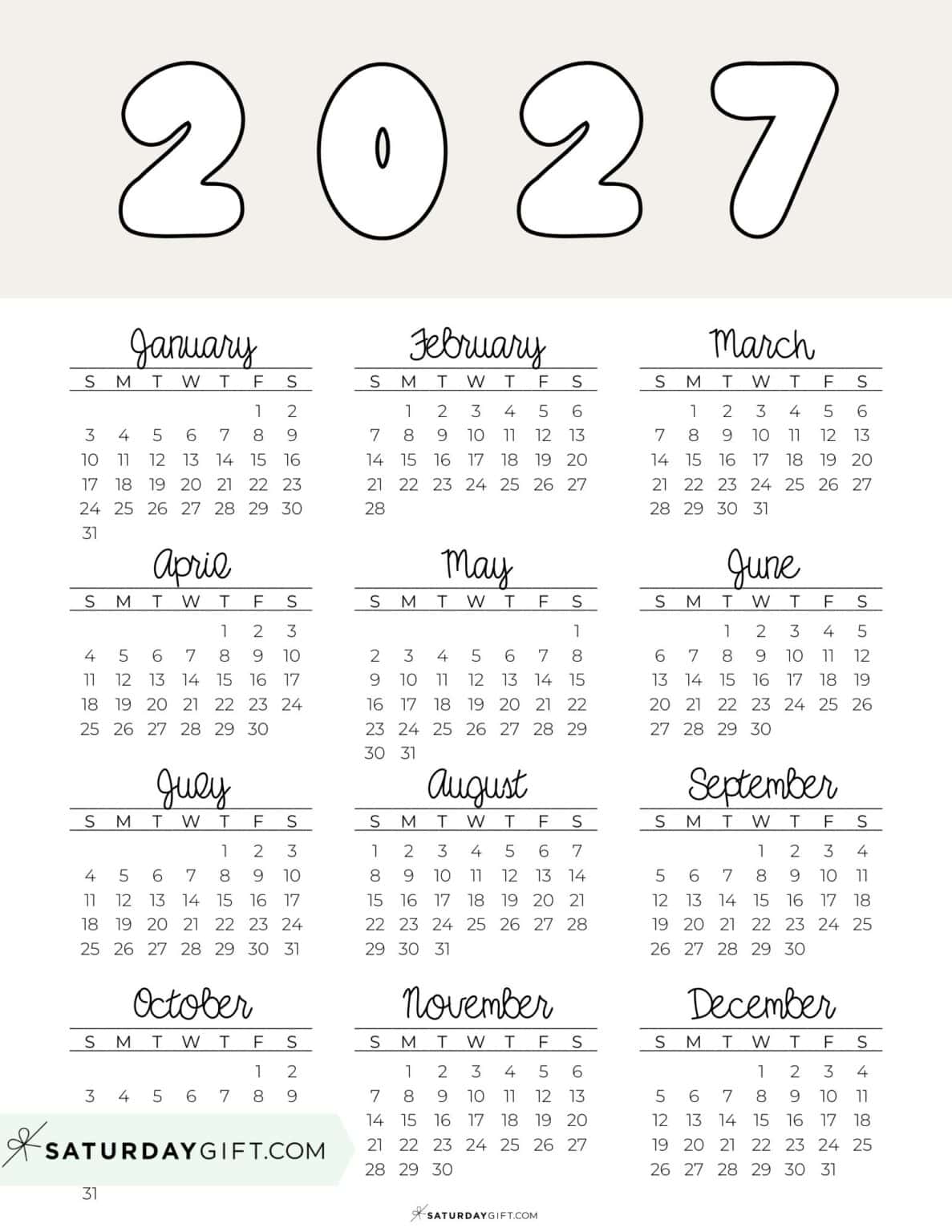 2027 Yearly Calendars - 35 Aesthetic Free Printables