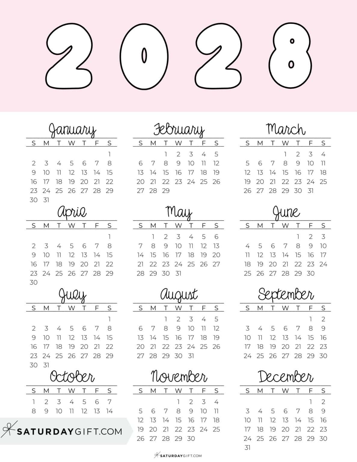 2028 Yearly Calendars - 35 Aesthetic Free Printables