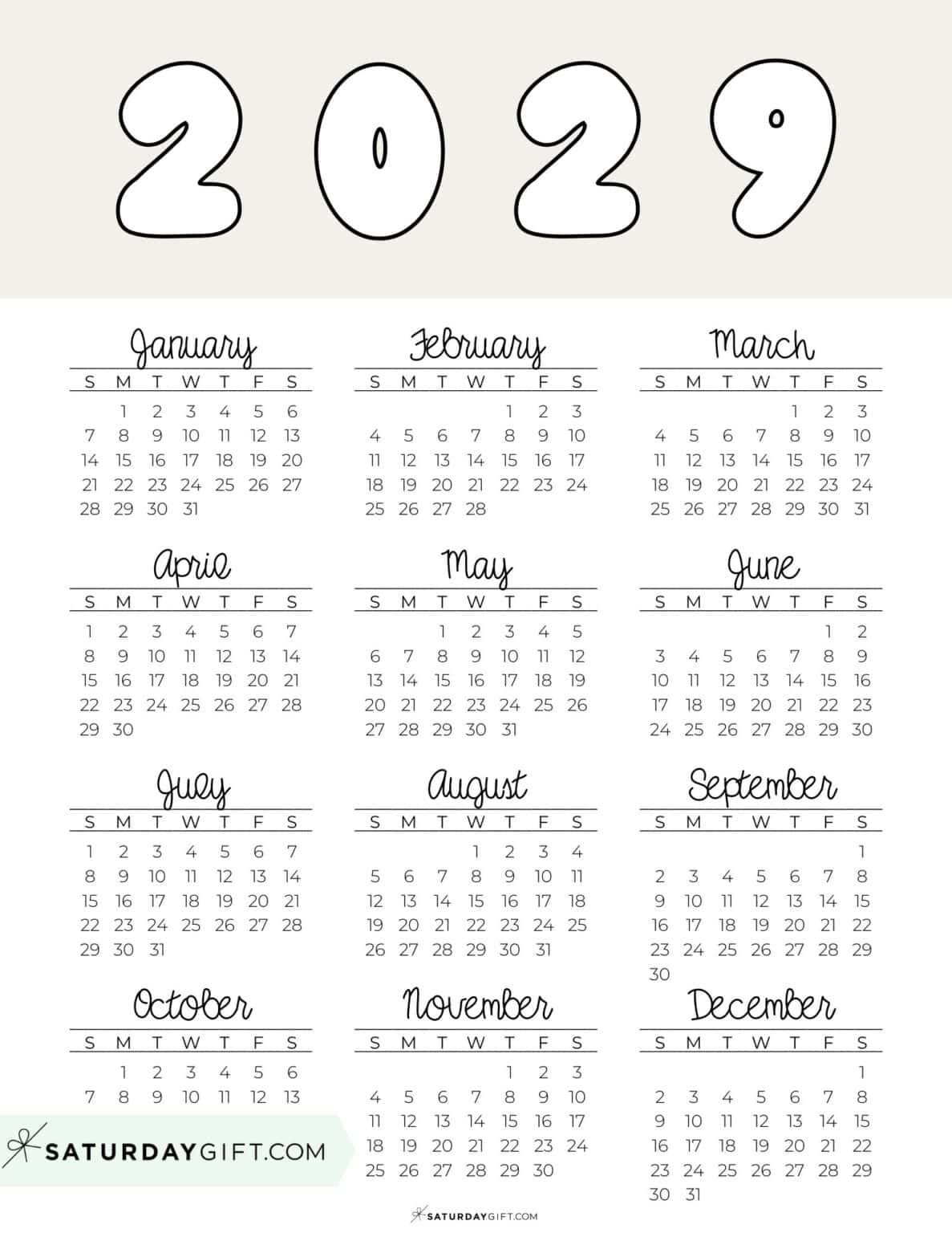 2029 Yearly Calendars - 35 Aesthetic Free Printables