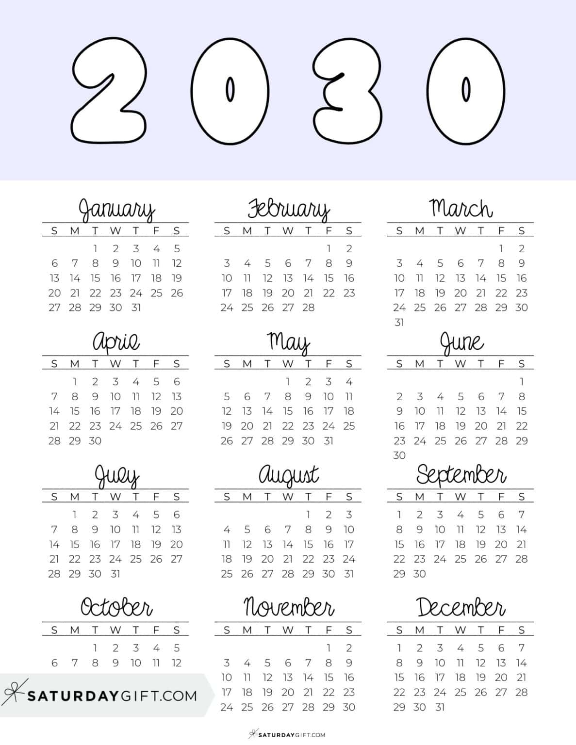 2030 Yearly Calendars - 35 Aesthetic Free Printables
