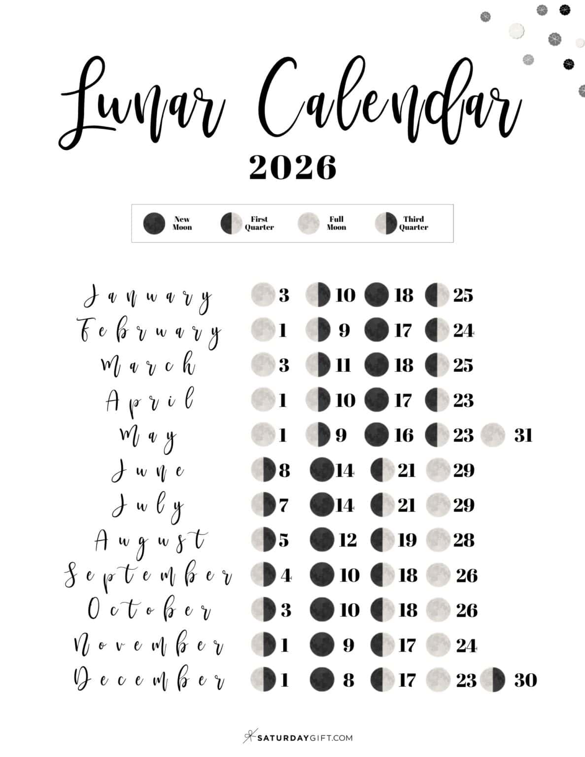 Lunar Calendar 2026 - 12 Moon Phase Calendar Printables