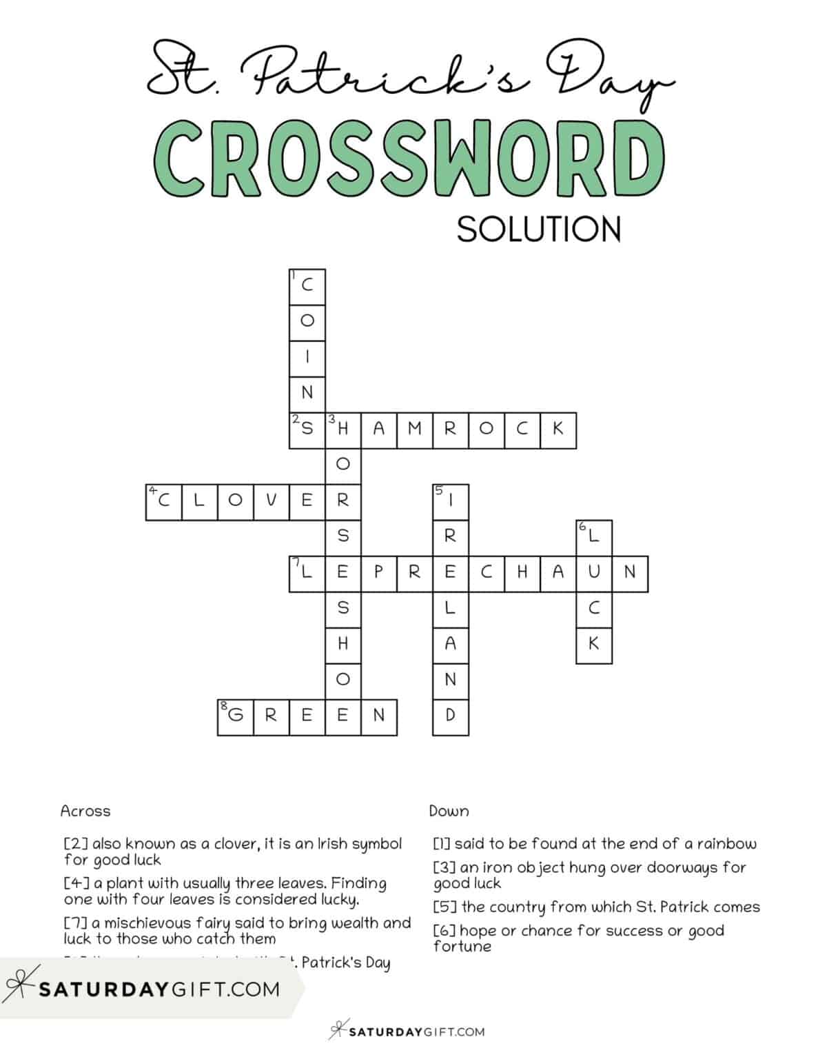 St. Patrick's Day Crossword Puzzle - Cute & Free Printable | SaturdayGift