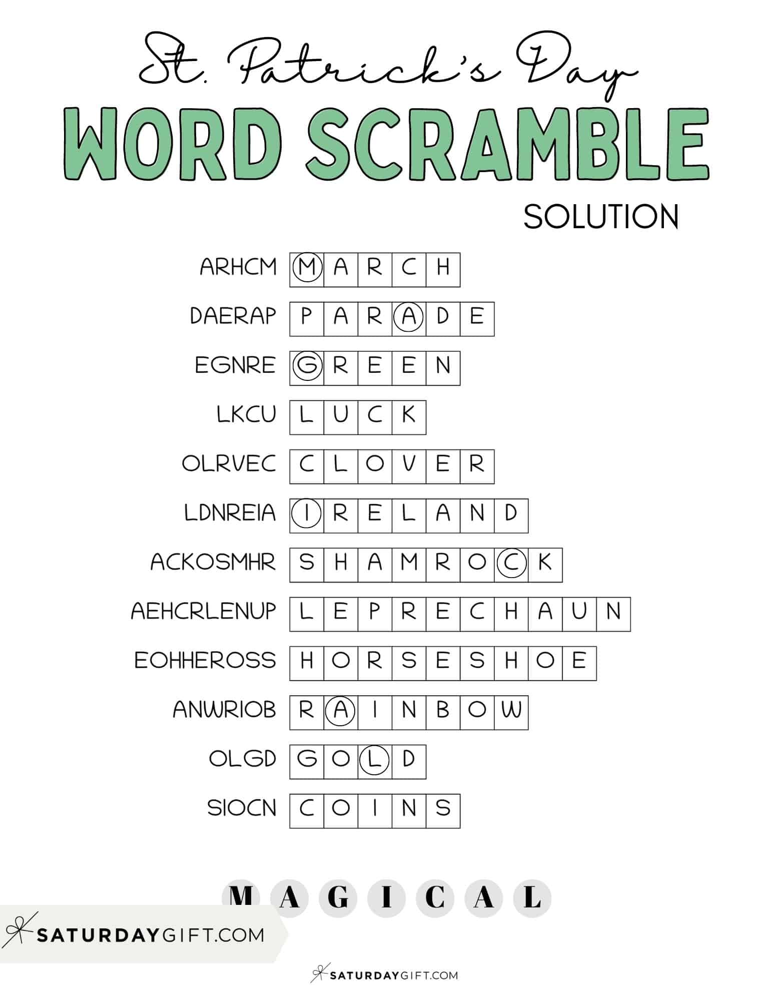 St. Patrick's Day Word Scramble - Cute & Free Printable | SaturdayGift