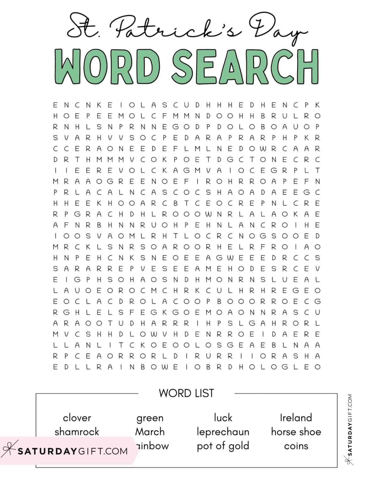 St. Patrick's Day Word Search - Cute & Free Printables | SaturdayGift
