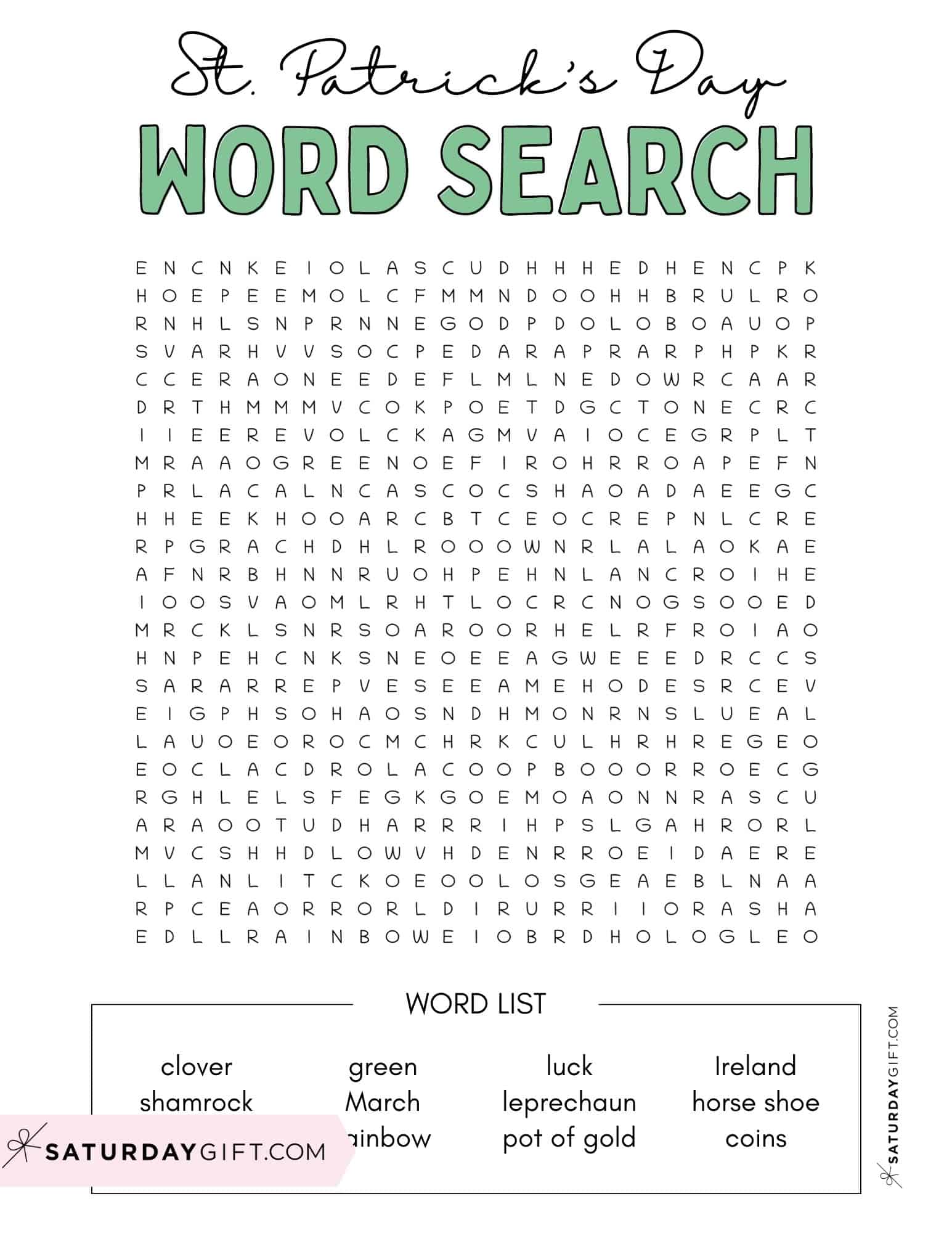 St. Patrick's Day Word Search - Cute & Free Printables | SaturdayGift