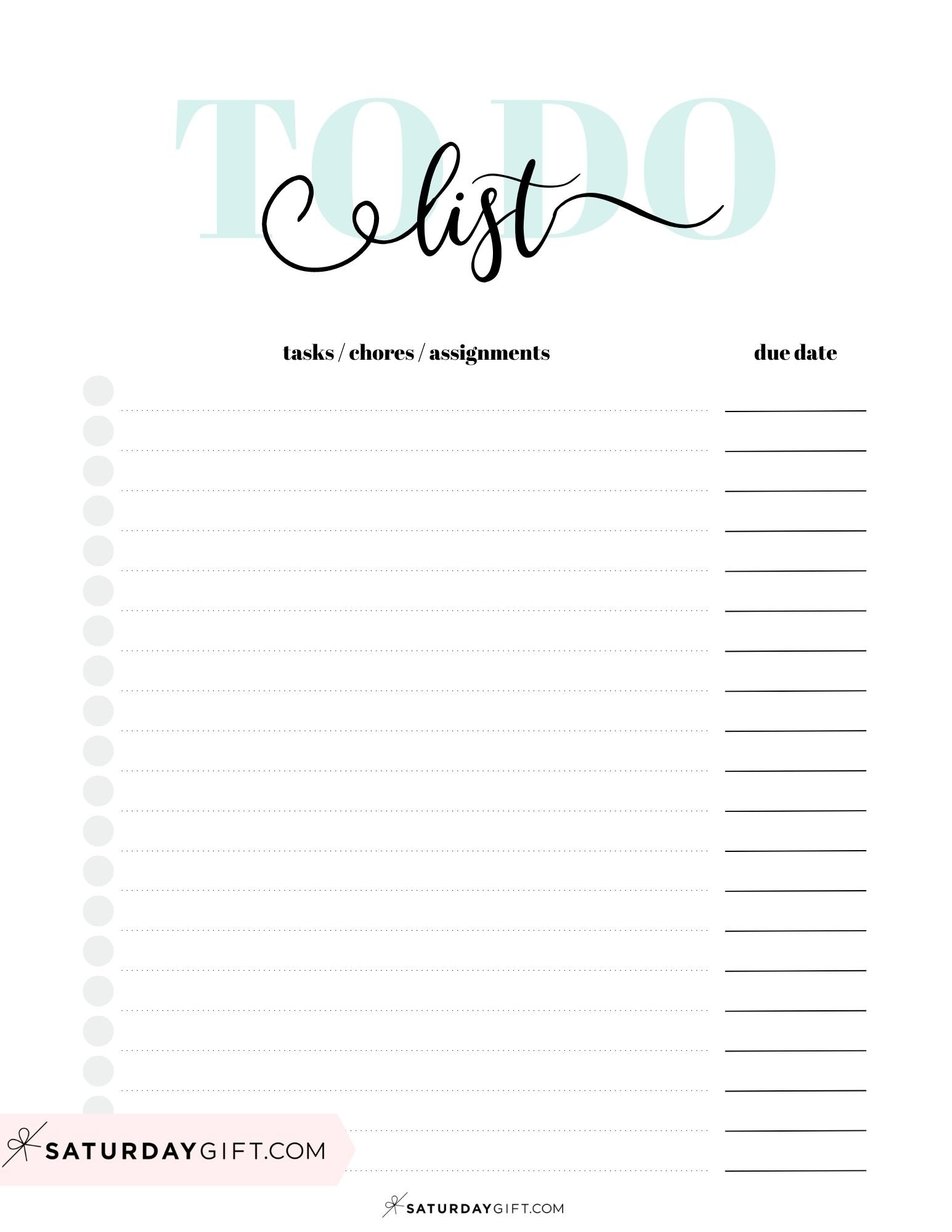 To-Do List Template - 29 Cute & Free Printable To-Do Lists | SaturdayGift