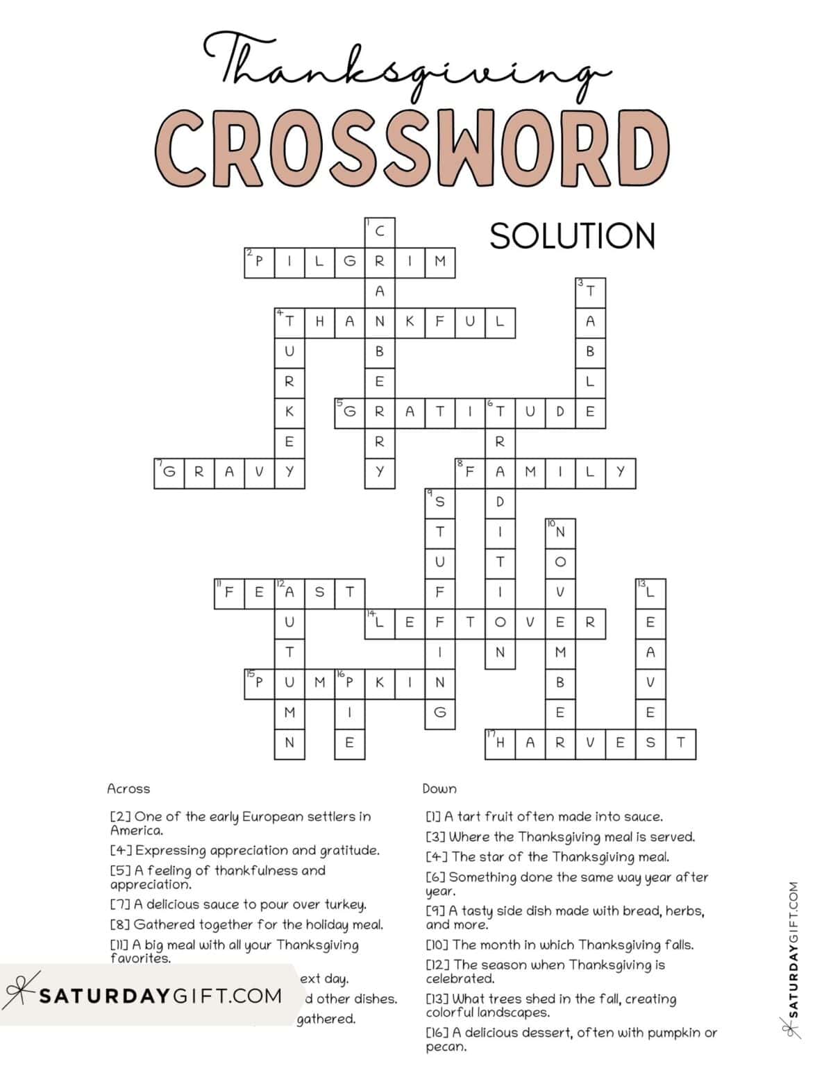 Thanksgiving Crossword Puzzle - Cute & Free Printable | SaturdayGift